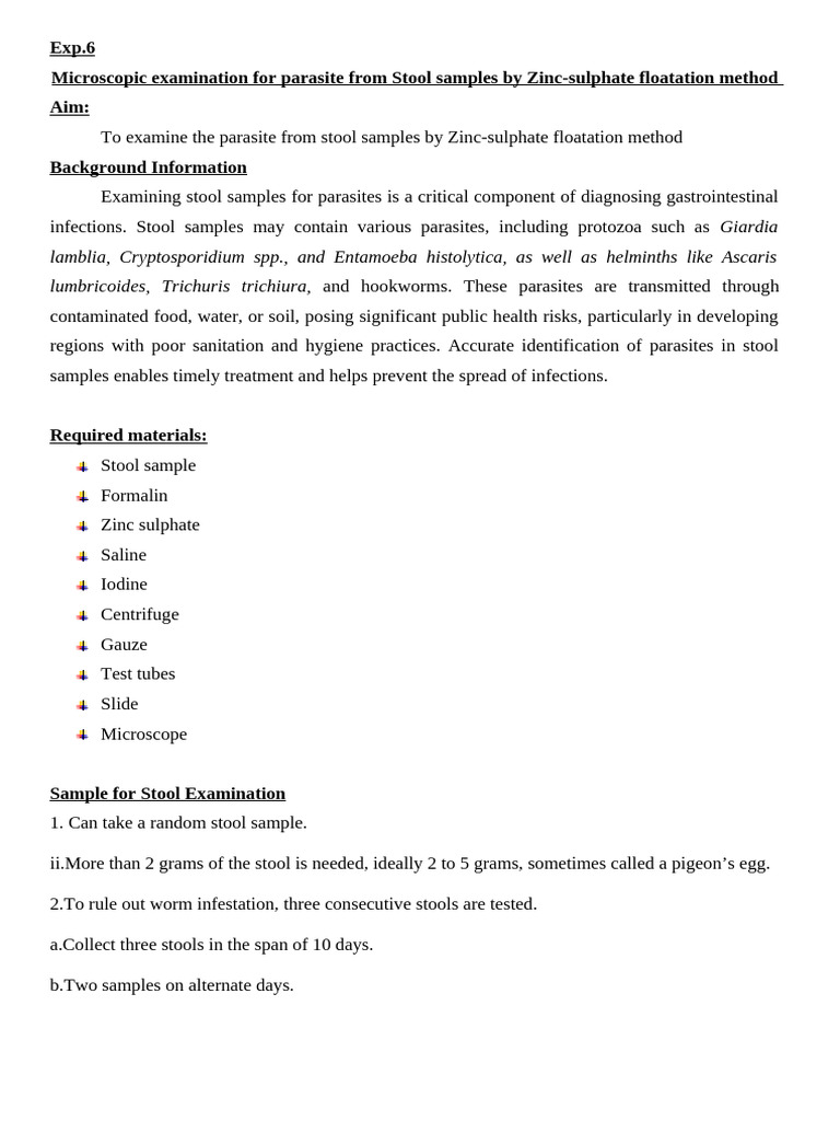 Stool Parasite Examination Method | PDF | Parasitology | Clinical Medicine