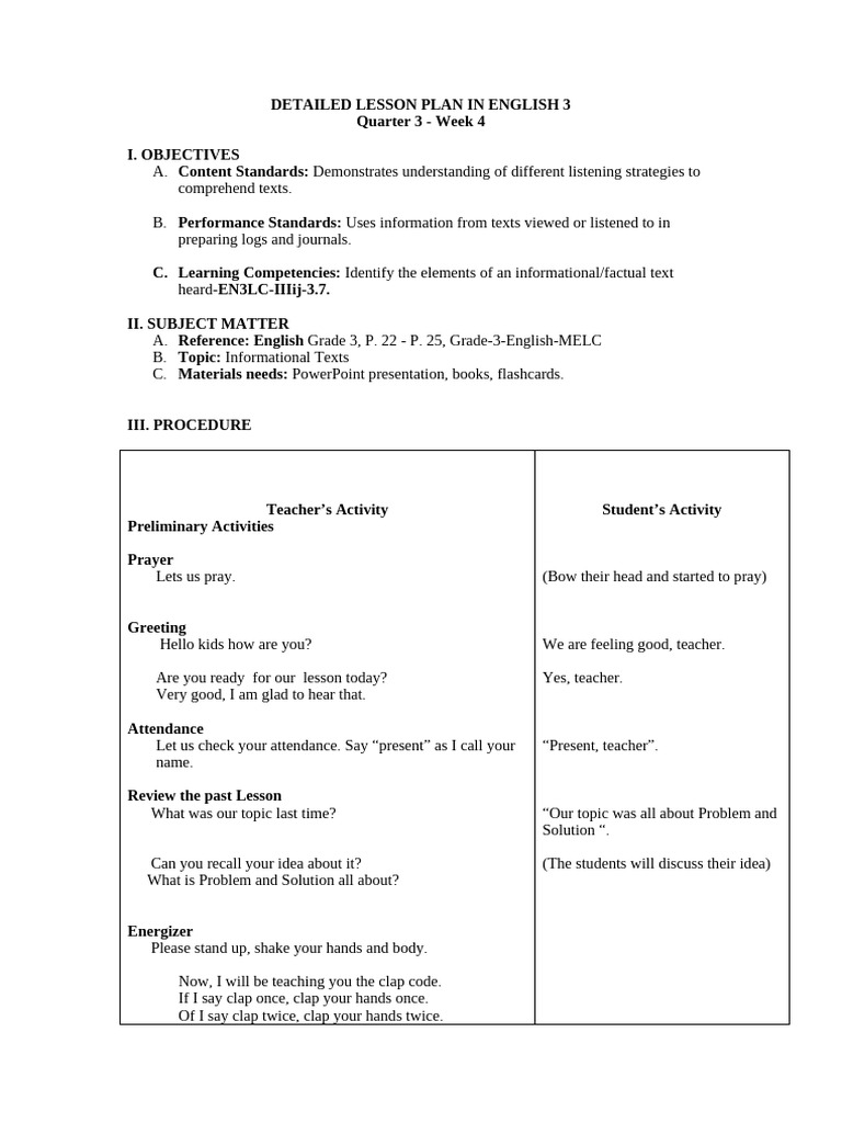 DETAILED LESSON PLAN IN ENGLISH 3 | PDF