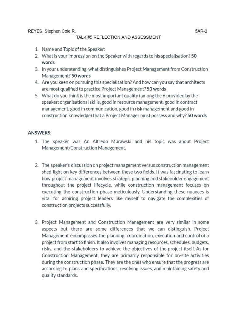 Talk 5 - Reflection Paper | PDF | Project Management | Construction ...
