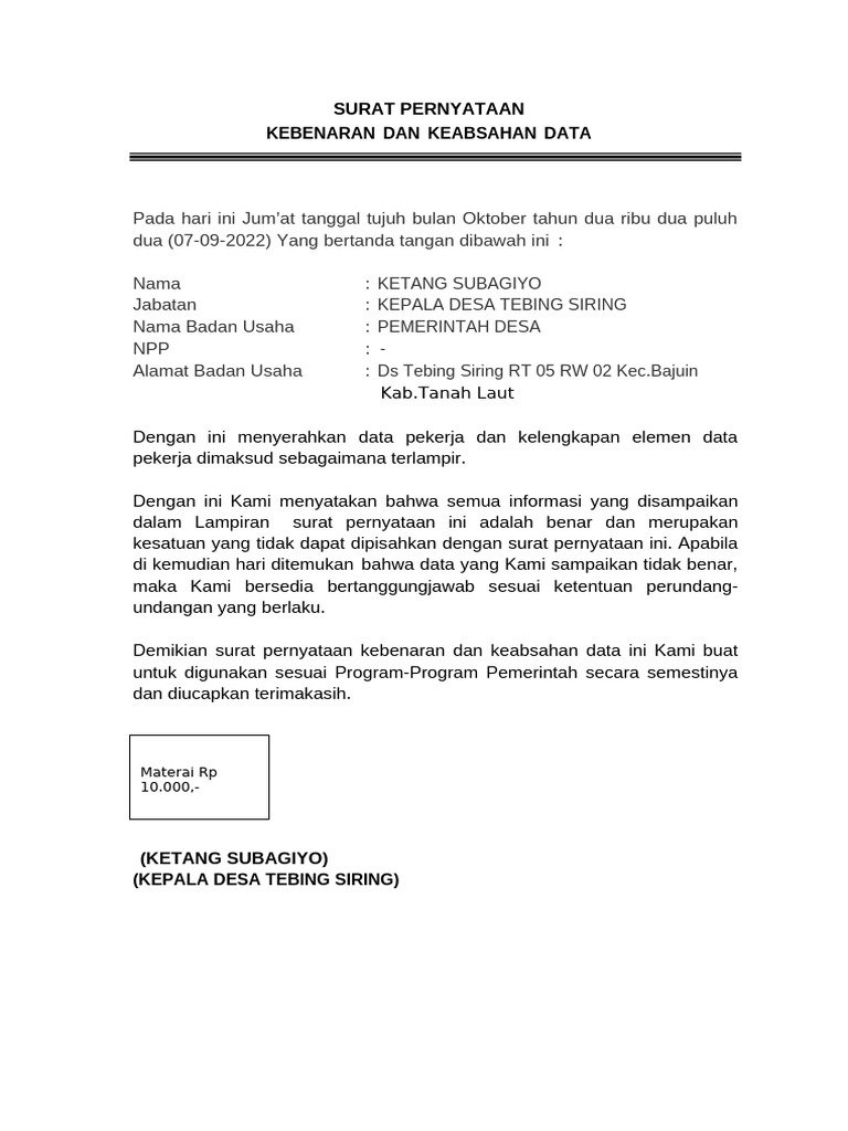 Format Surat Pernyataan Kebenaran & Keabsahan Data | PDF