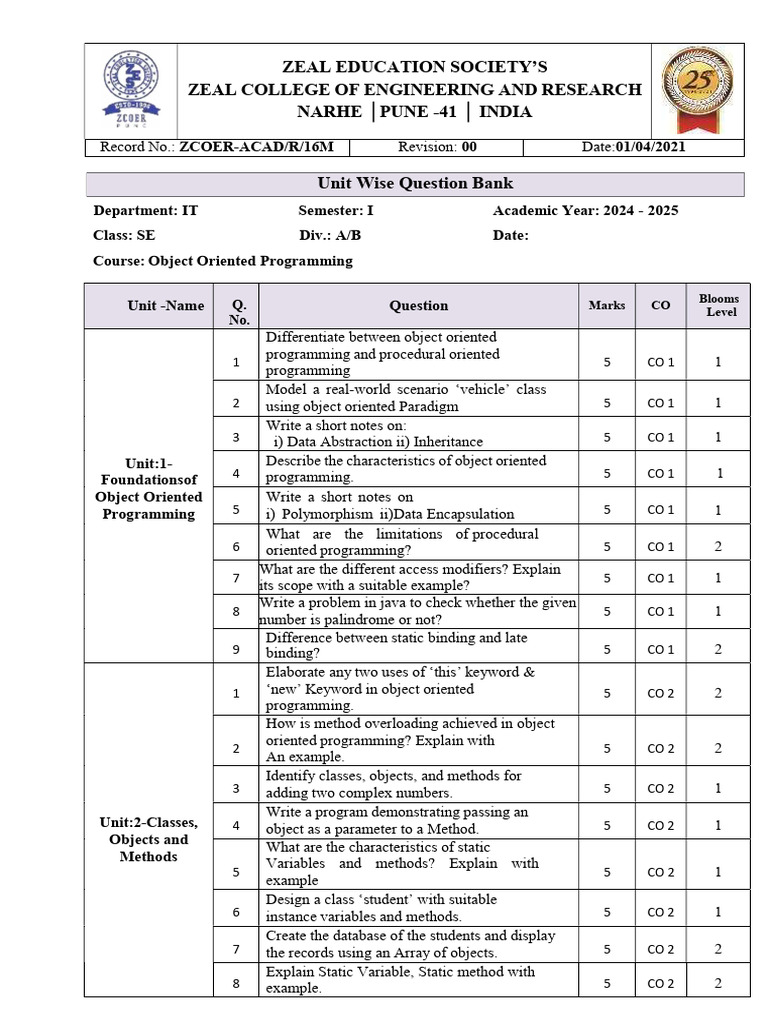 Sppu SE IT Unitwise-Quation Bank-OOP | PDF | Method (Computer Programming) | Programming