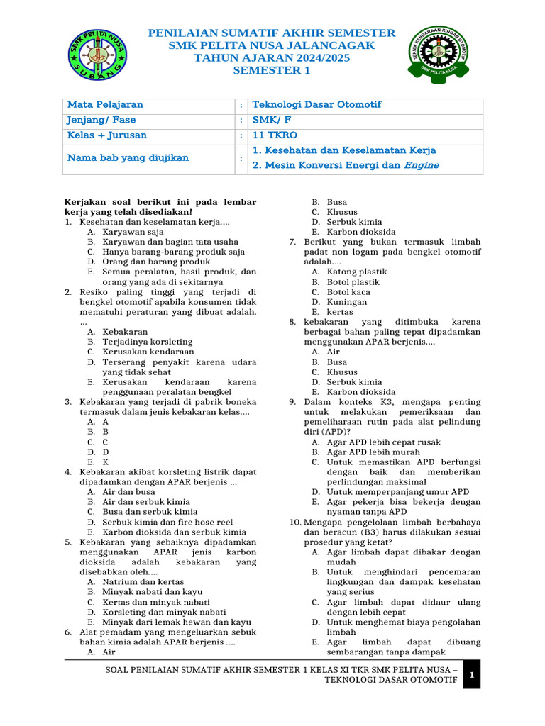 Soal Psas Kelas Xi TKR SMK Pelita Nusa | PDF