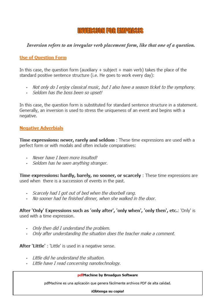 Inversion for emphasis | PDF | Verb | Linguistic Morphology