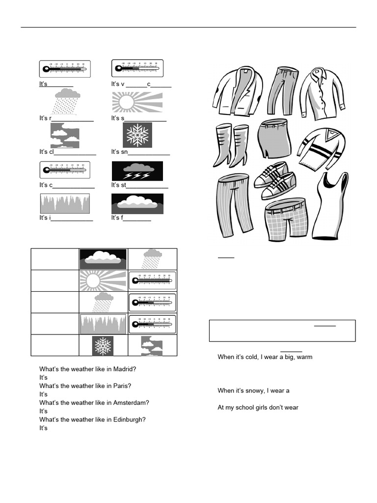 Weather and Clothing Vocabulary Exercises | PDF | Plural | Lunch