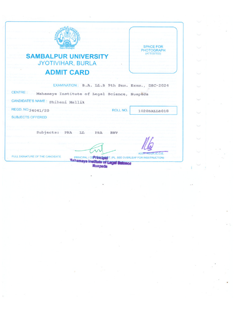 9th Semester Admit Card | PDF