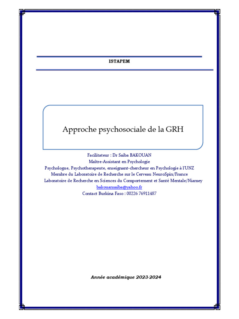 Approche psychosociale en GRH 2023-2024 | PDF | Motivation | Motivant