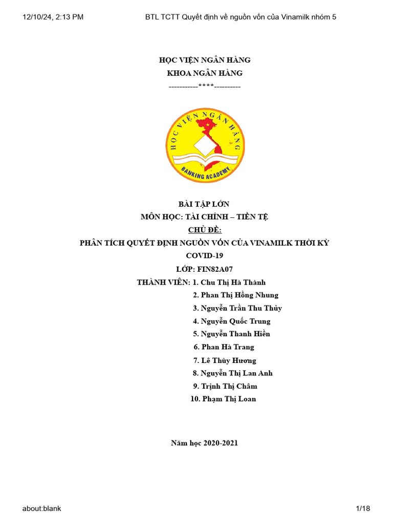 BTL TCTT Quyết định về nguồn vốn của Vinamilk nhóm 5 | PDF