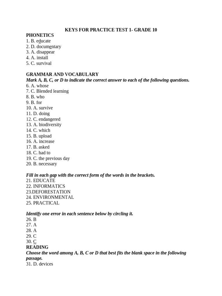 E 10 Keys For Practice Test 1 Pdf