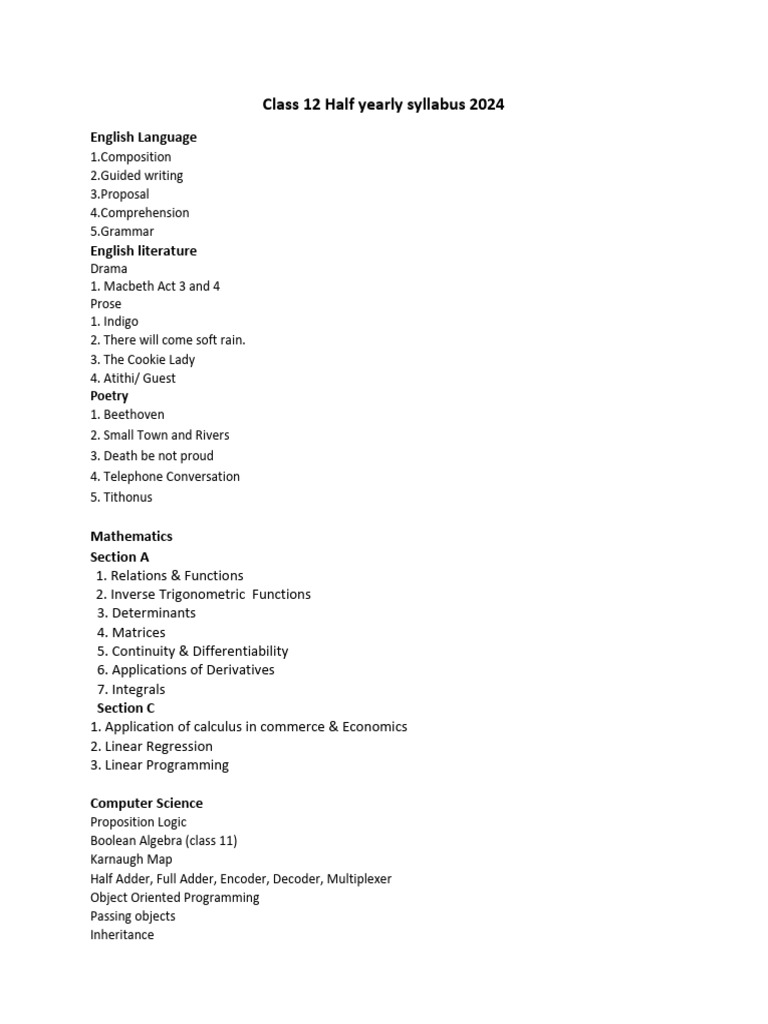 Class 12 Halfyearly Syllabus 2024-25 | PDF