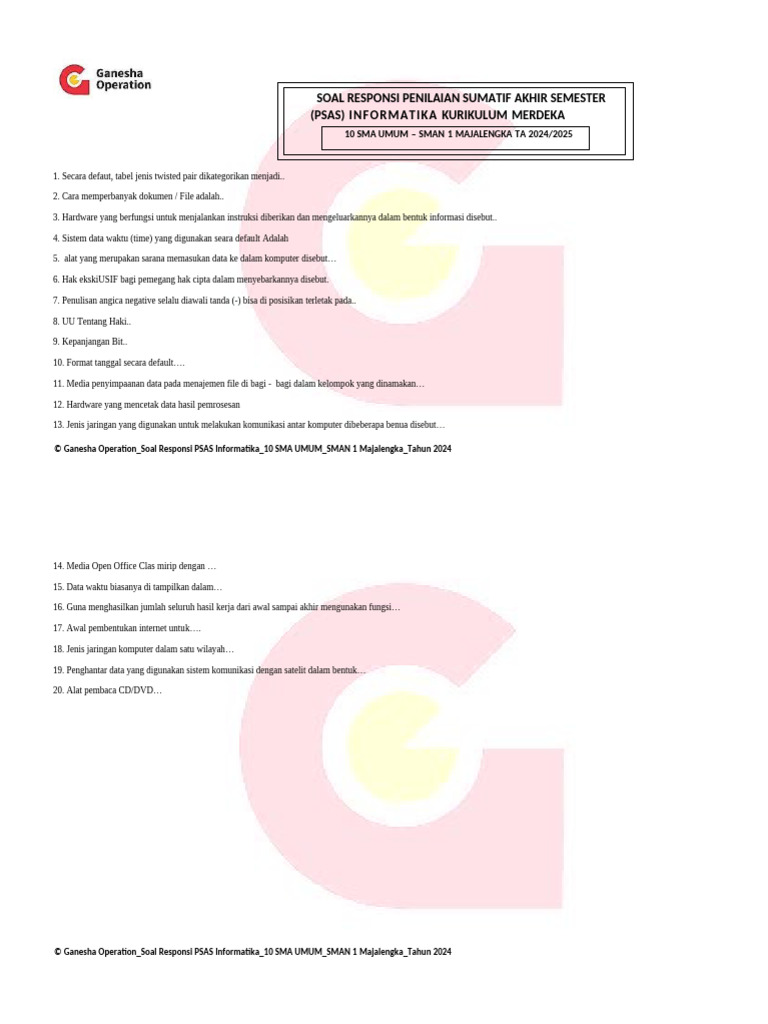 Soal Responsi PAS Informatika 10 SMA SMAN 1 Majalengka TA 2425 | PDF