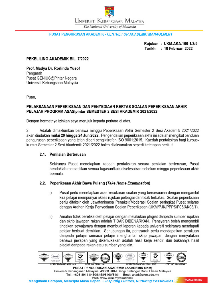 Pekeliling Akademik Bil.7 2022 Pelaksanaan Peperiksaan Dan Penyediaan ...