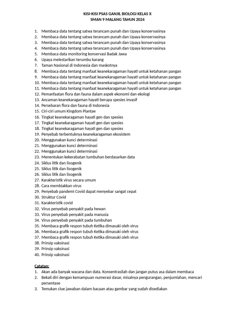 Kisi-kisi Psas Kelas x Biologi 2024 | PDF