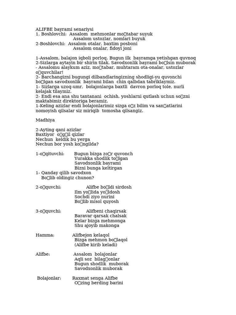 Alifbe Bayrami Senariy | PDF