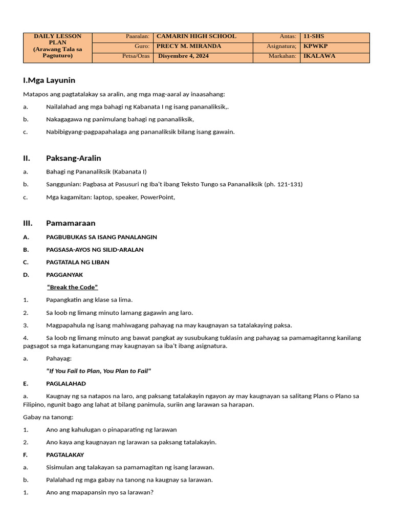 Daily Lesson Plan-Kabanata Pananaliksik | PDF