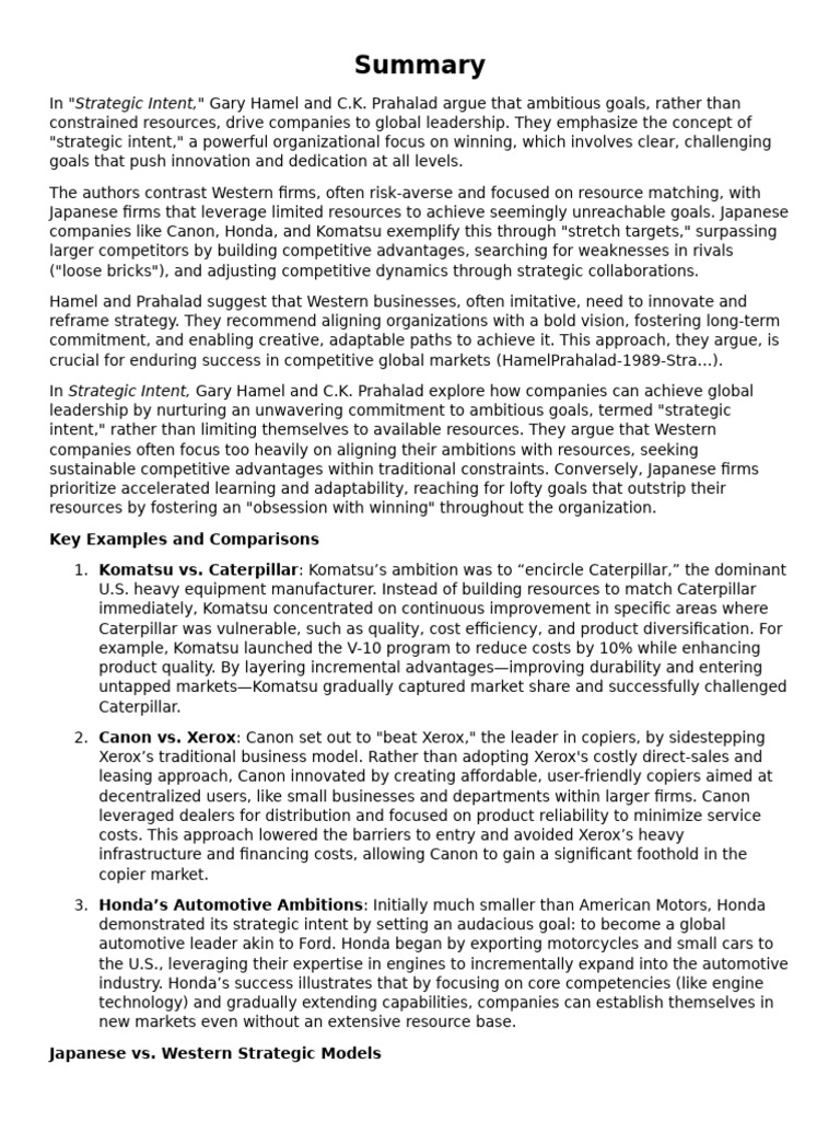 Summary - STRATEGIC INTENT | PDF | Competitive Advantage | Goal