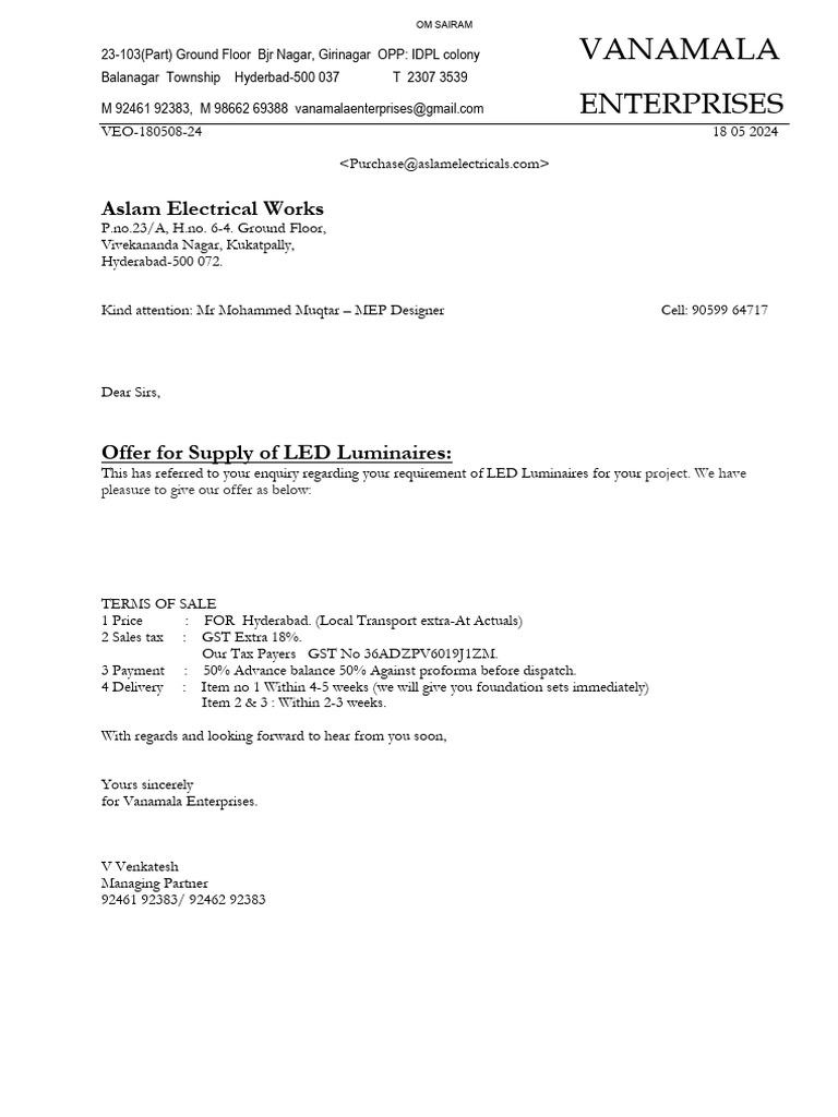 LED Luminaire Supply Quotation | PDF | Electrical Components ...