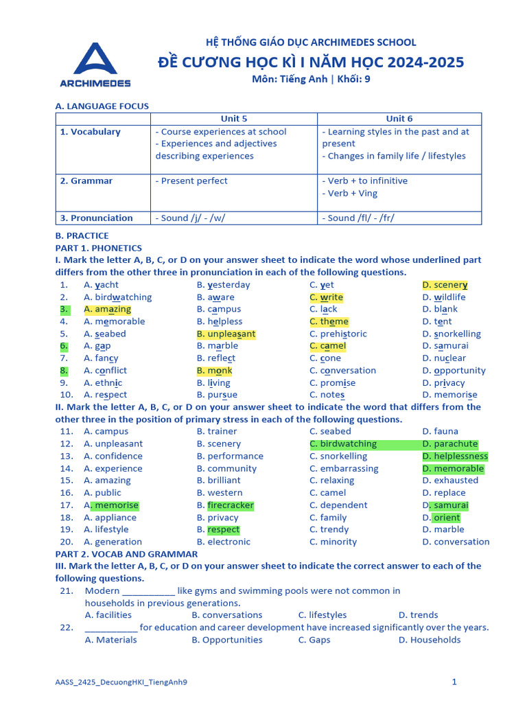 AASS 2425 DecuongHKI TiengAnh9 | PDF | Ho Chi Minh City