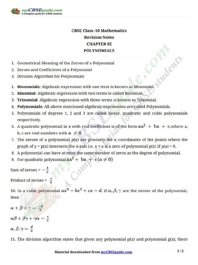 10 Maths Key Notes CH 02 Polynomials | PDF