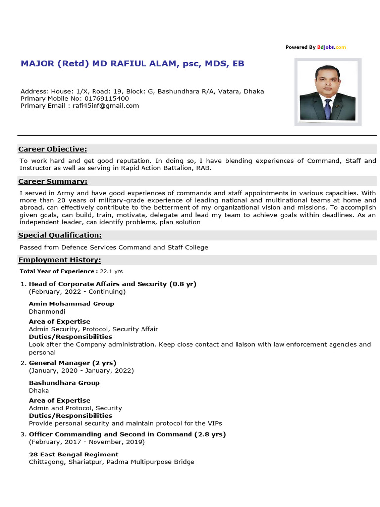 Major - MD - Rafiul - Alam - PSC - MDS - CV 2022 | PDF | Division (Military) | Adjutant