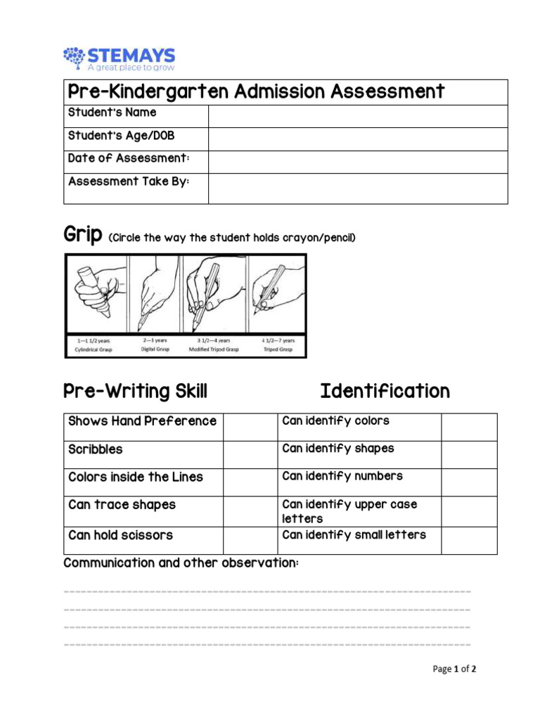 Pre-Kindergarten Assessment Paper | PDF