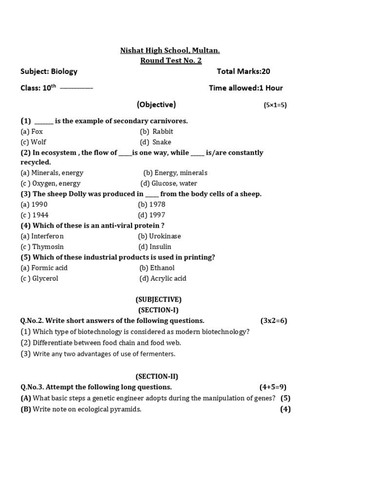 Biology Round Test for 10th Grade | PDF