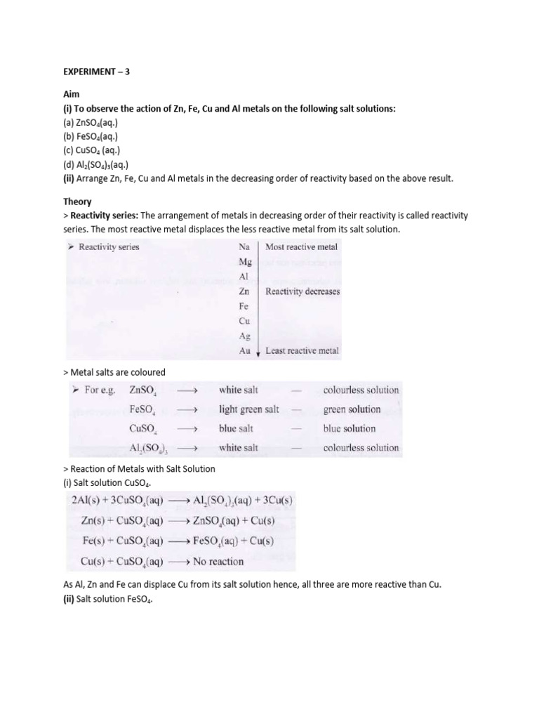 EXPERIMENT - 3 Reactivity Series | PDF | Zinc | Iron
