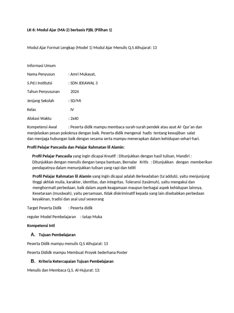 Modul Ajar PjBL Kelas IV Al-Qur'an | PDF