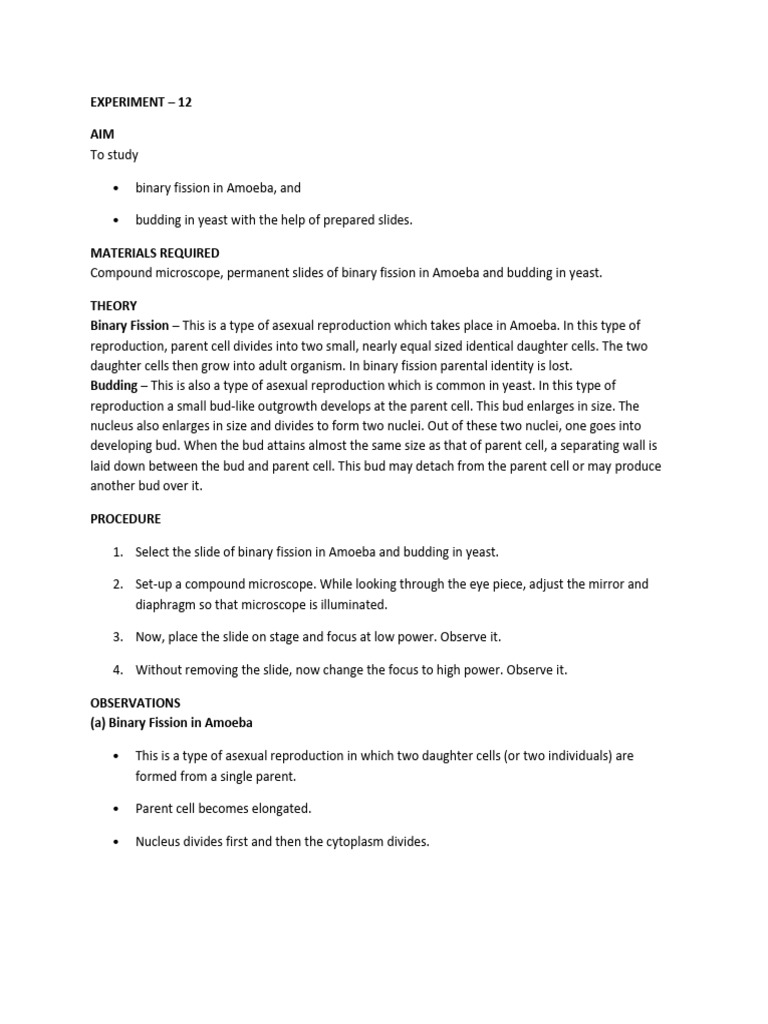 EXPERIMENT - 12 Binary Fission in Amoeba and Budding in Yeast | PDF ...