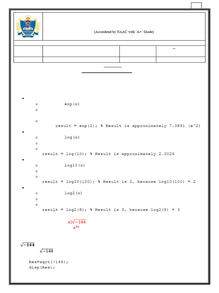 UNIT-3_MATLAB PROGRAMMING_QUESTION BANK_SOLUTION (1) | PDF | Trigonometric Functions | Complex ...