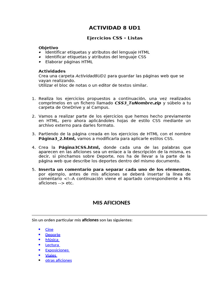 ACTIVIDAD 8 UD1 - Ejercicios CSS Listas | PDF | HTML | Texto