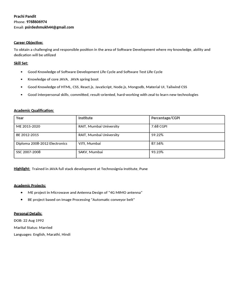 Prachi Pandit Fresher Resume-08-12-24 | PDF