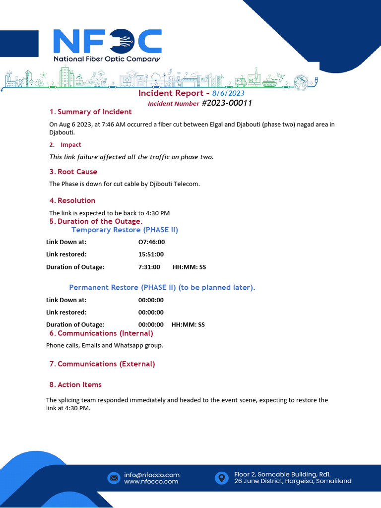 Aug 2023 Unplanned Outage [Fiber Cut in Bw Celgal & Djibouti] | PDF