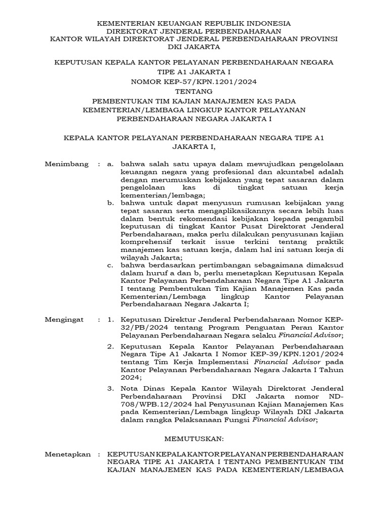 Pembentukan Tim Manajemen Kas Jakarta | PDF