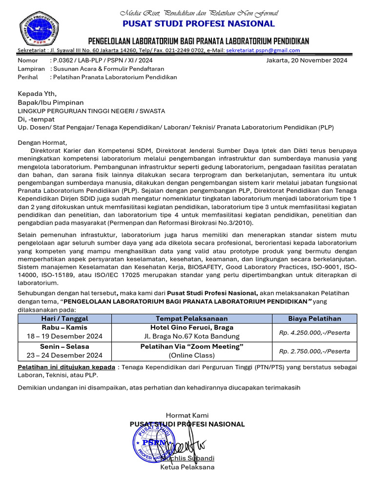 Pelatihan Pengelolaan Laboratorium PLP | PDF