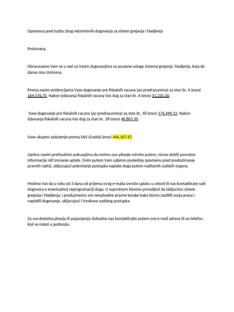Opomena pred tuzbu zbog neizmirenih dugovanja za sistem grejanja i ...