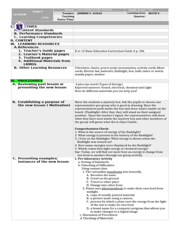 COT LP FORMAT | PDF | Flashlight | Teachers
