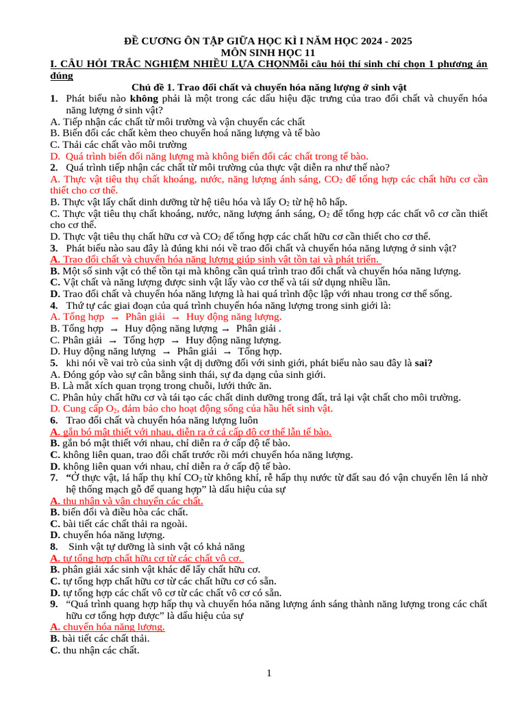 Sinh 11 - đề cương giữa HK1 - 2024 2025 HS | PDF