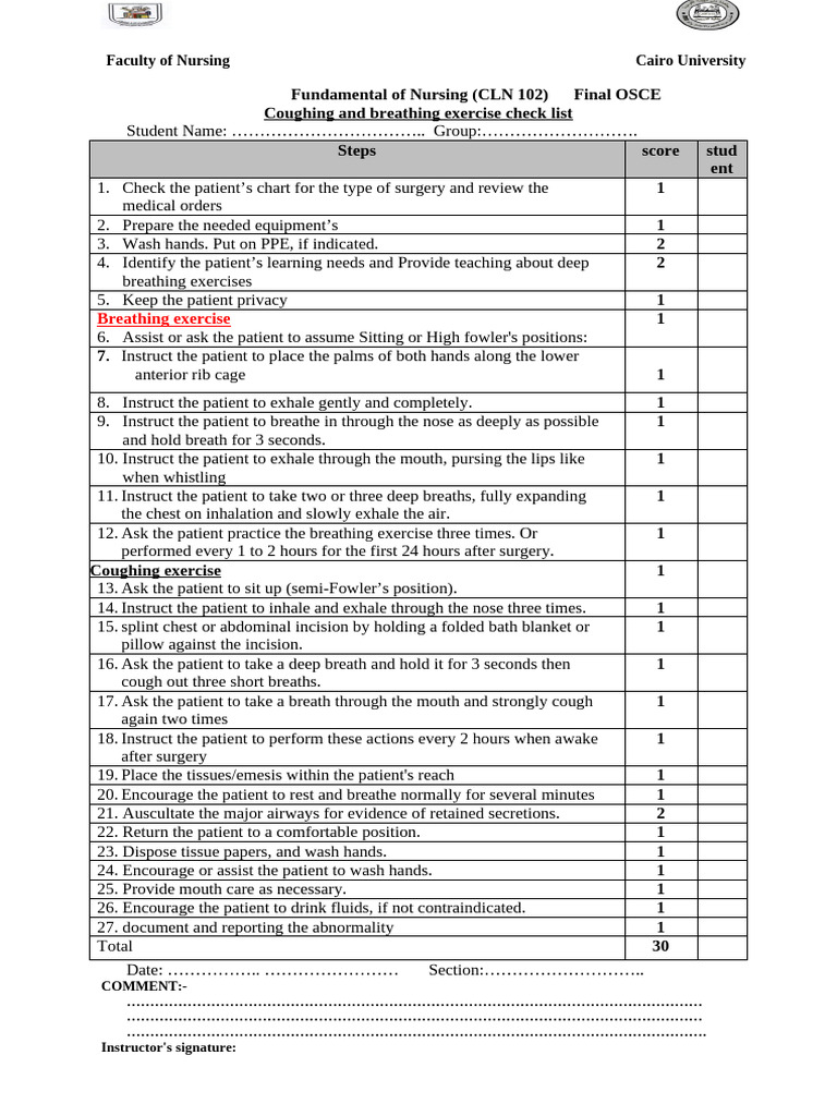 Cophing and Breahing Exercise Checklist Revised - 063234 | PDF ...