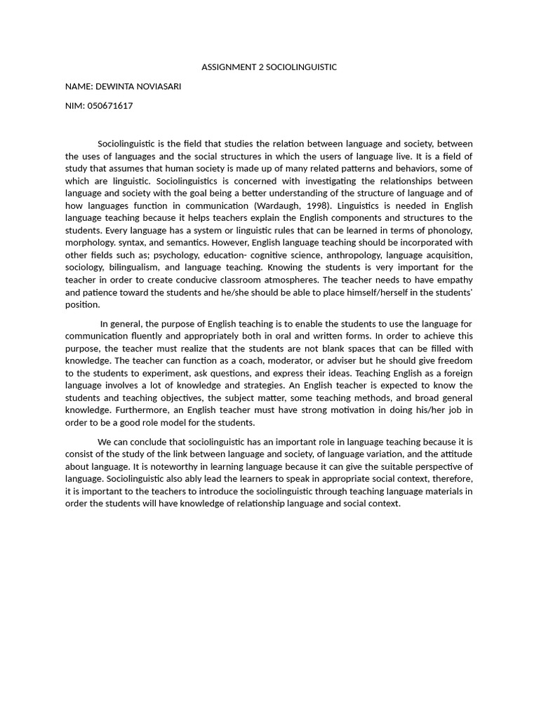 ASSIGNMENT 2 SOCIOLINGUISTIC | PDF | Sociolinguistics | Language Education