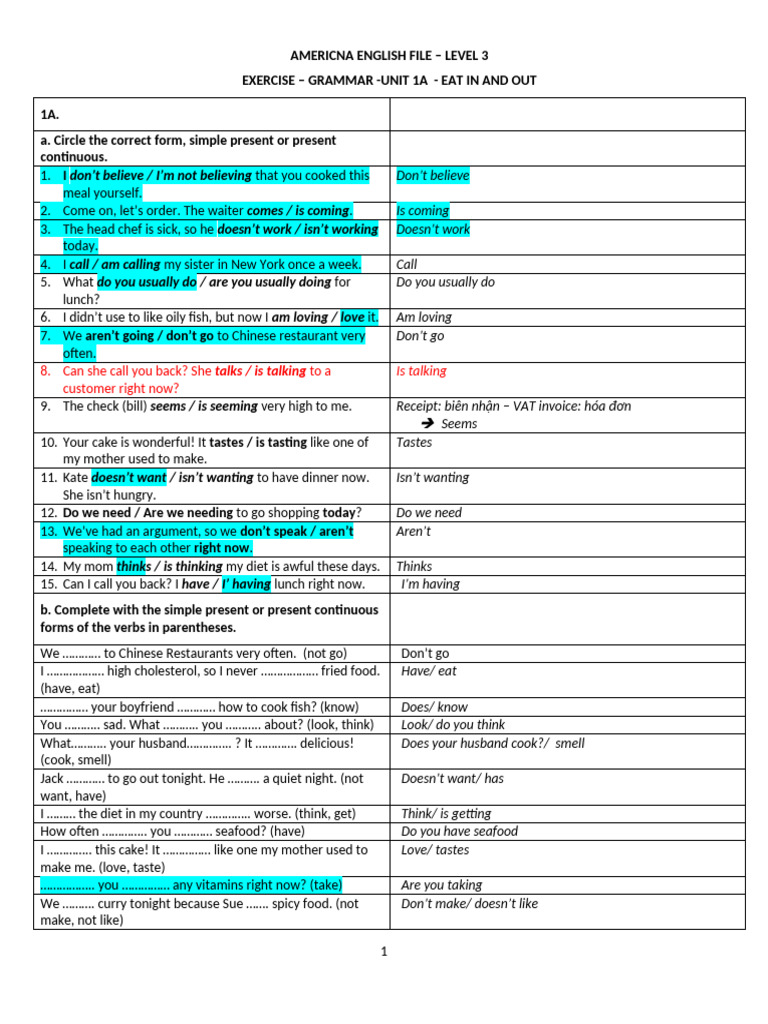 Level 3 - Exercise - Grammar - Unit 1a - Eat in and Out - Students - 2 ...