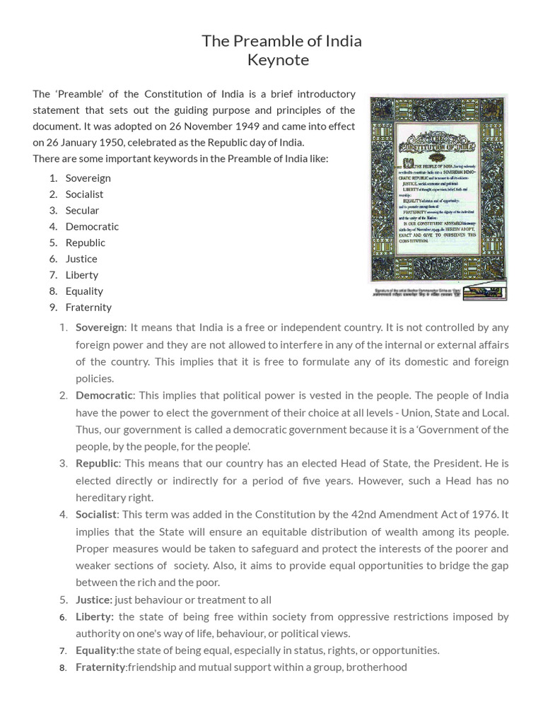 The Preamble of India - Keynote | PDF