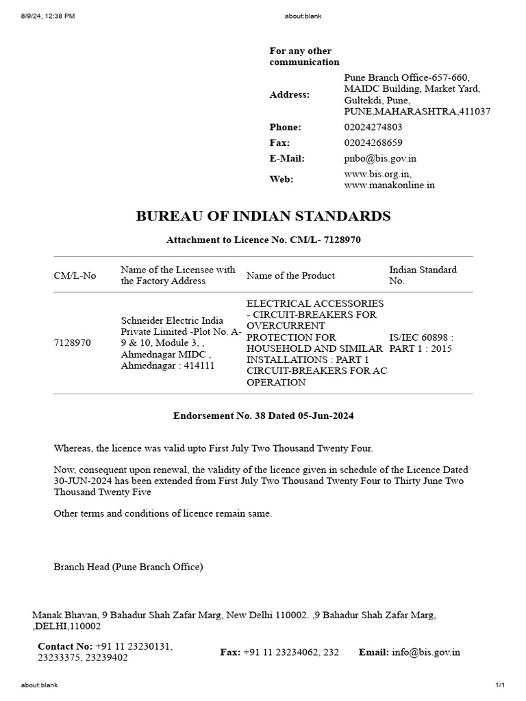 MCB BIS certificate | PDF