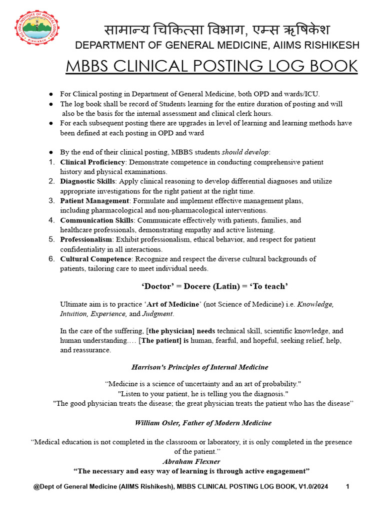 MBBS Clinical Posting Log Book | PDF | Medicine | Medical Diagnosis