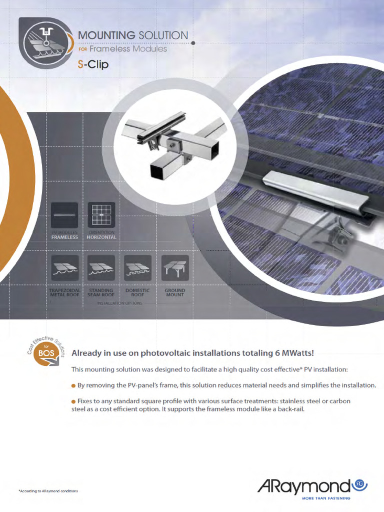 Araymond Mounting Solution For Frameless Modules S-Clip | PDF
