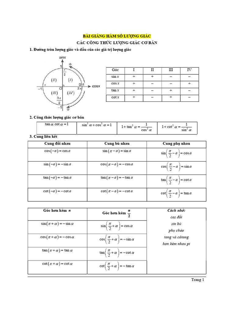 Bài Gi Nghàms L NG Giác Các Công TH CL NG Giác C B N 1. NG Tròn L NG Giác Và D Uc A Các Giá TR L ...