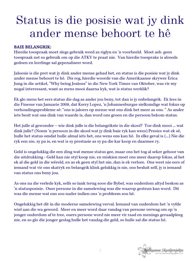 Status Is Die Posisie Wat Jy Dink Ander Mense Behoort Te Hê | PDF