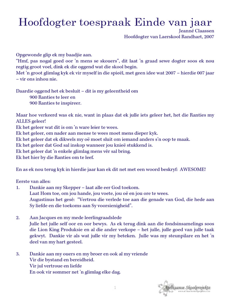 Hoofdogter Toespraak - Einde Van Die Jaar | PDF