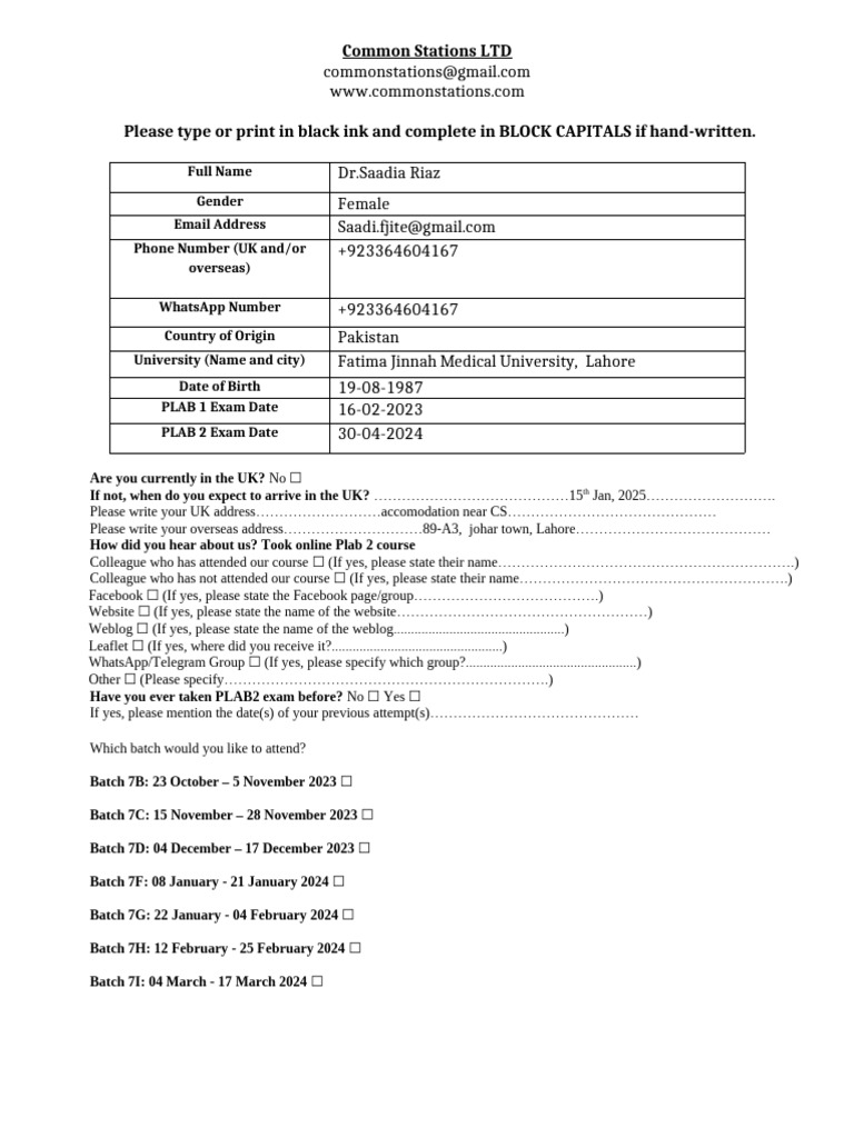 Common Stations PLAB Academy - Application Form | PDF