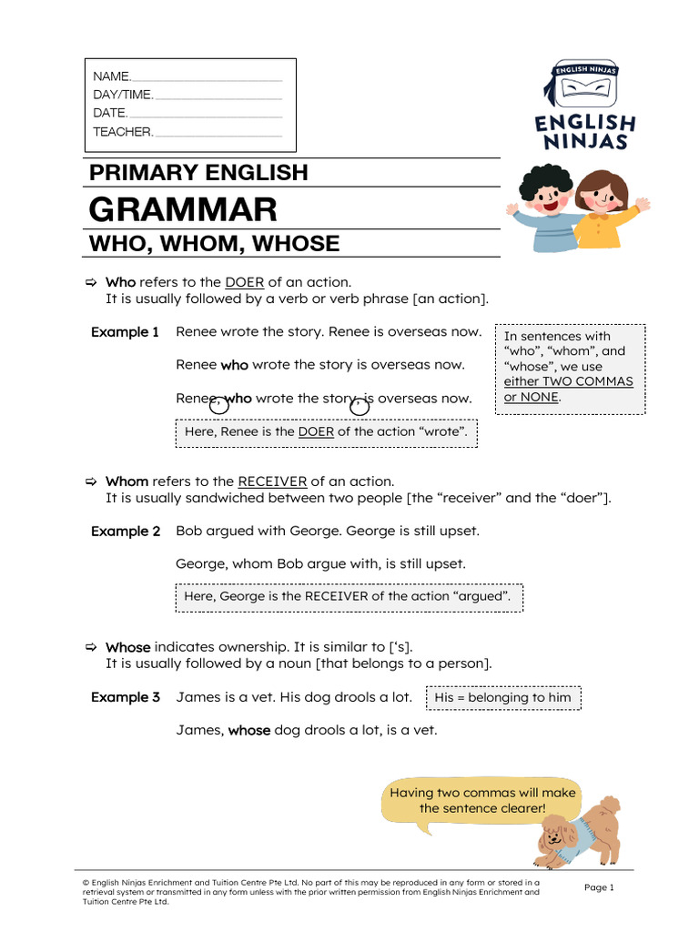Who, Whom, Whose EnglishNinjas Worksheet | PDF | Grammar | Linguistics