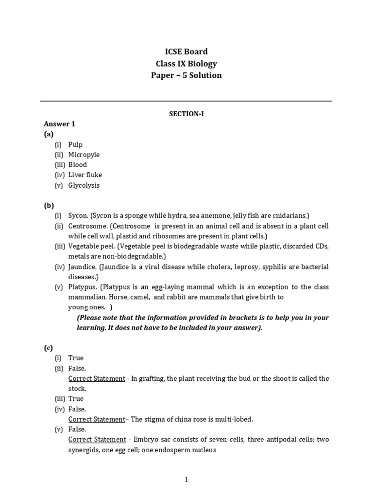 ICSE Class IX Biology Paper 5 Solutions | PDF | Lung | Epithelium